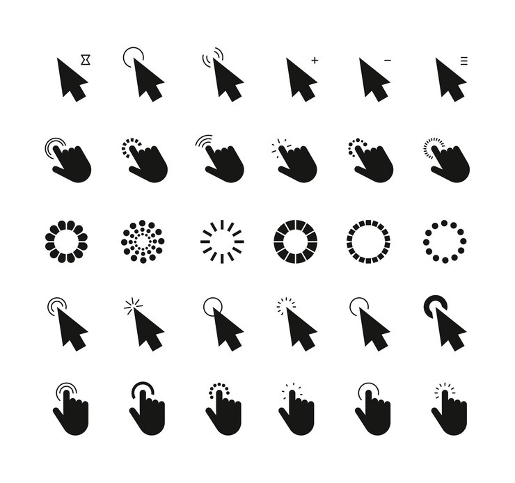 Premium Vector | Mouse pointer cursor icons computer black clicking arrows and hands cursors ...