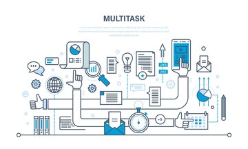 Premium Vector | Multitask performing multiple task simultaneously using tablet laptop cellphone ...