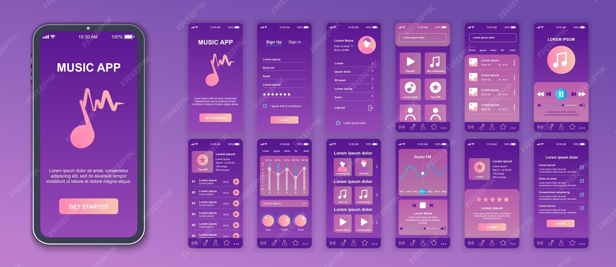 Premium Vector Music Mobile App Interface Screens Template Set Account Login Settings Song