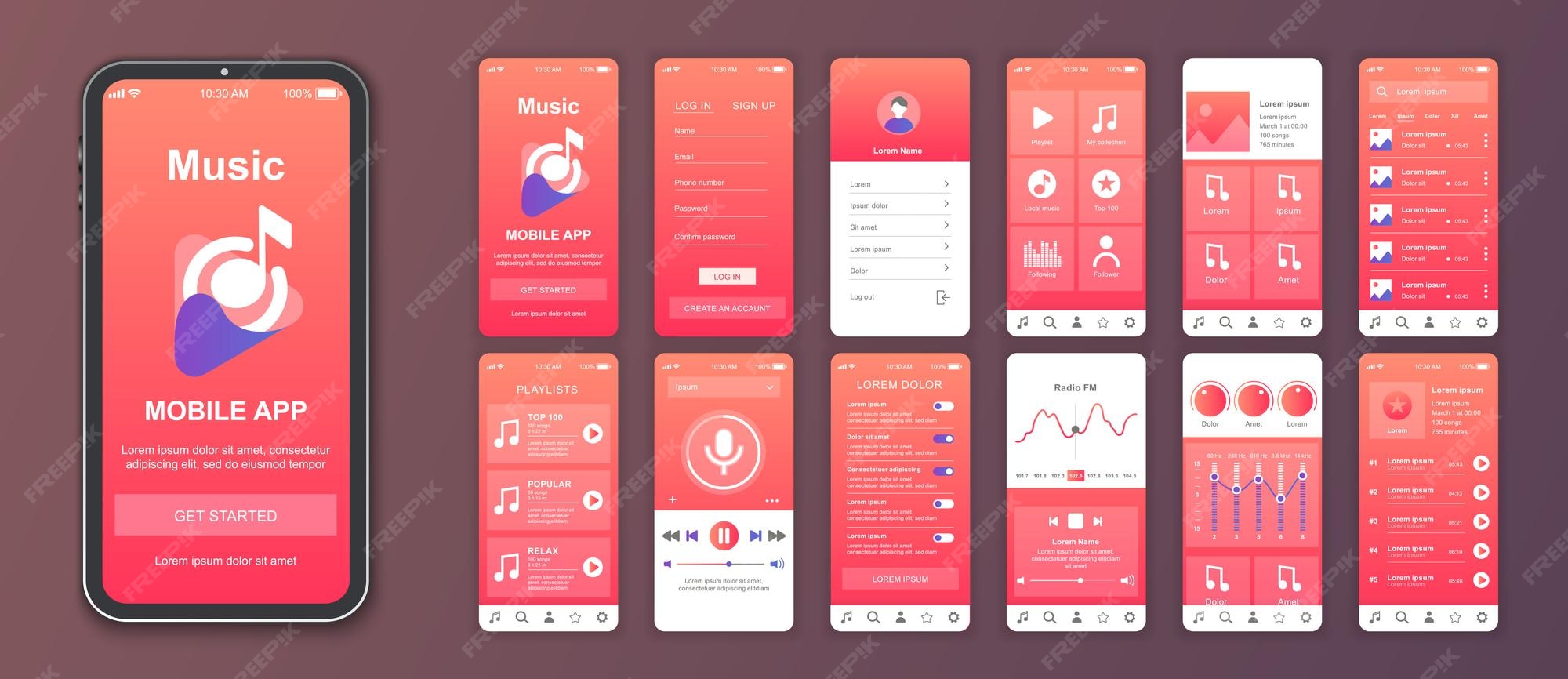 Premium Vector Music Mobile App Interface Screens Template Set Online Account Playlist Song