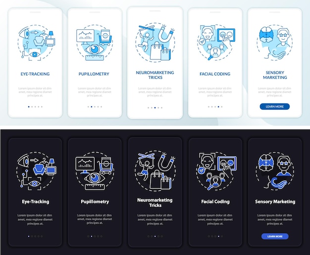 신경 마케팅 방법 온보딩 모바일 앱 페이지 화면 얼굴 코딩 연습 개념이 포함된 5단계 그래픽 지침 선형 야간 및 주간 모드 일러스트레이션이 있는 Ui Ux Gui
