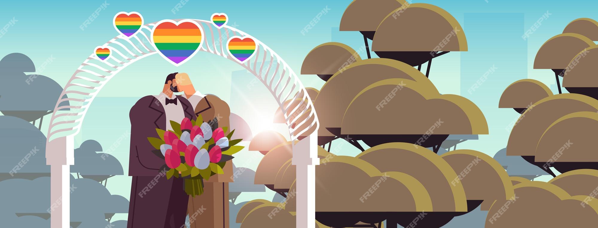 Premium Vector Newlywed Gay Couple With Flowers Kissing Near Wedding