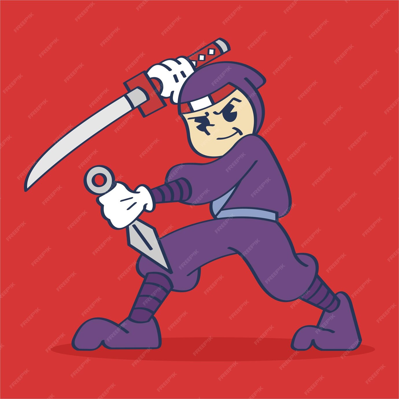Premium Vector Ninja Cartoon Ready To Fight Holding Sword And Ninja Knife With Cute Expression