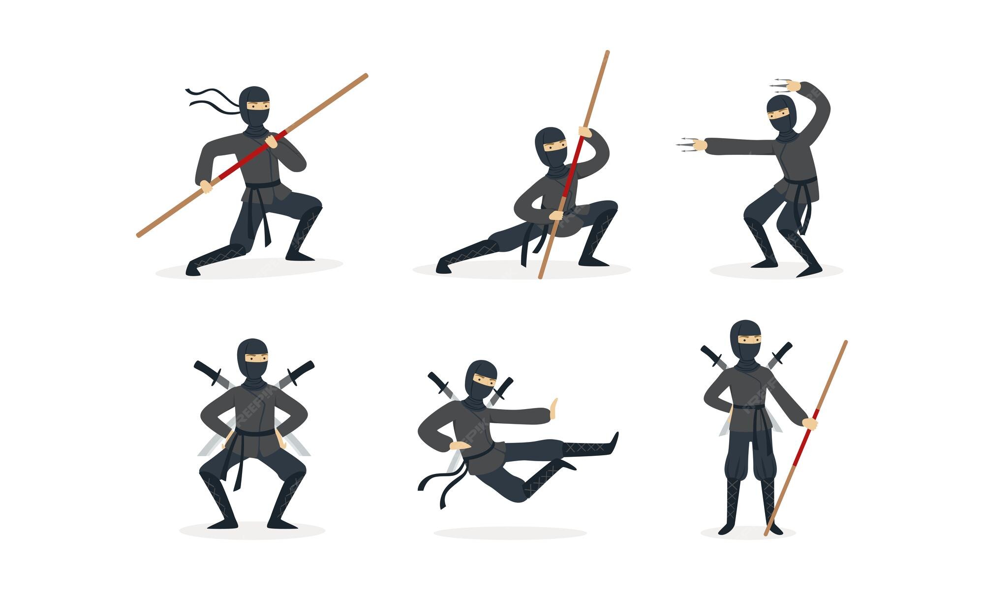 Premium Vector Ninja Warriors Set Japanese Fighter Character Wearing Black Clothes And Mask In