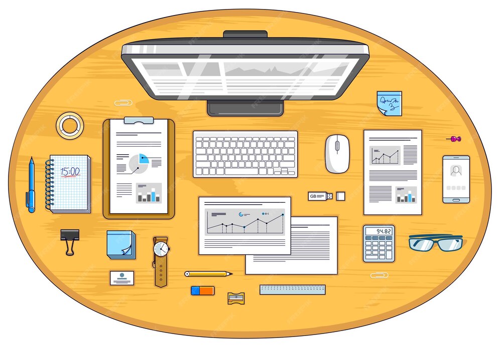 Premium Vector | Office desk workspace top view with pc computer and ...