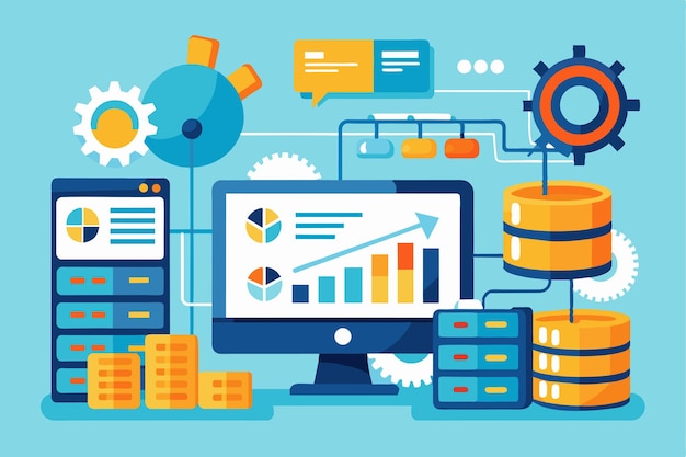 An Office Workspace Showcases Automation In Database Analysis With Colorful Statistical Reports