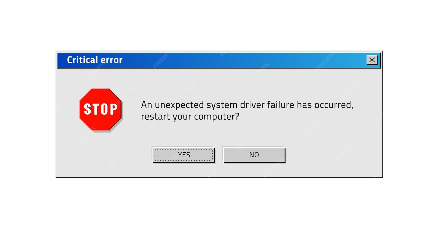 Premium Vector | Old computer window popup critical error system reboot request classical ...