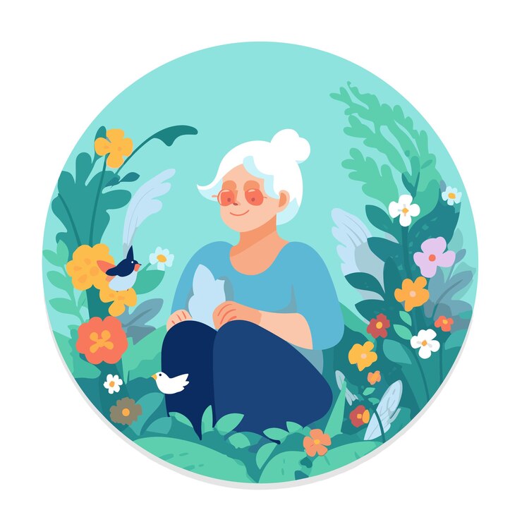 Premium Vector Old Lady In A Garden Surrounded By Lush Plants And Flowers Vector Illustration