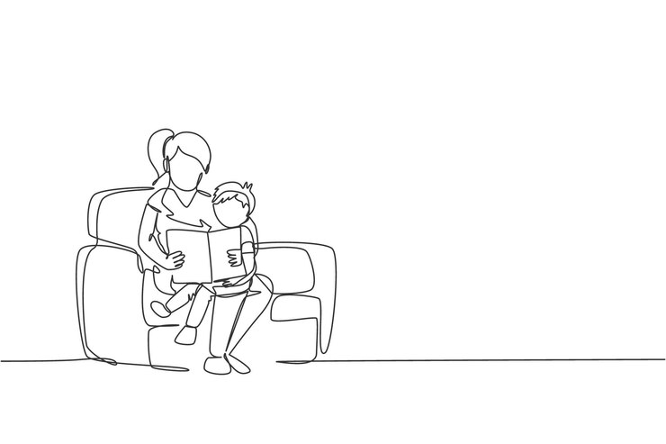 Premium Vector One Single Line Drawing Young Mother And Her Son Siting On Sofa Reading A Story