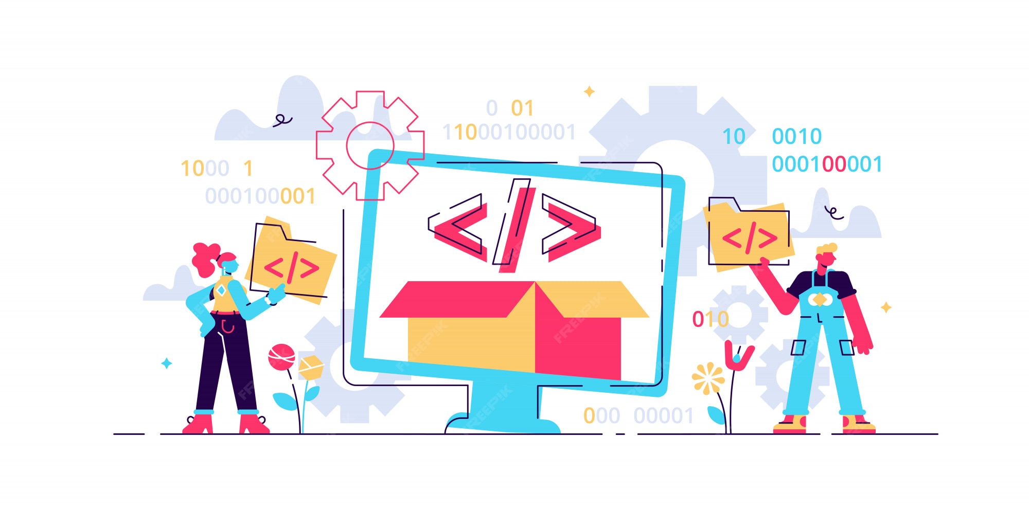 Premium Vector | Open source illustration. tiny programming language persons concept. Developer ...