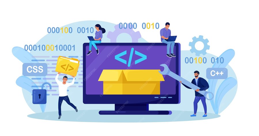 Premium Vector | Open source Tiny programmers programming website for ...