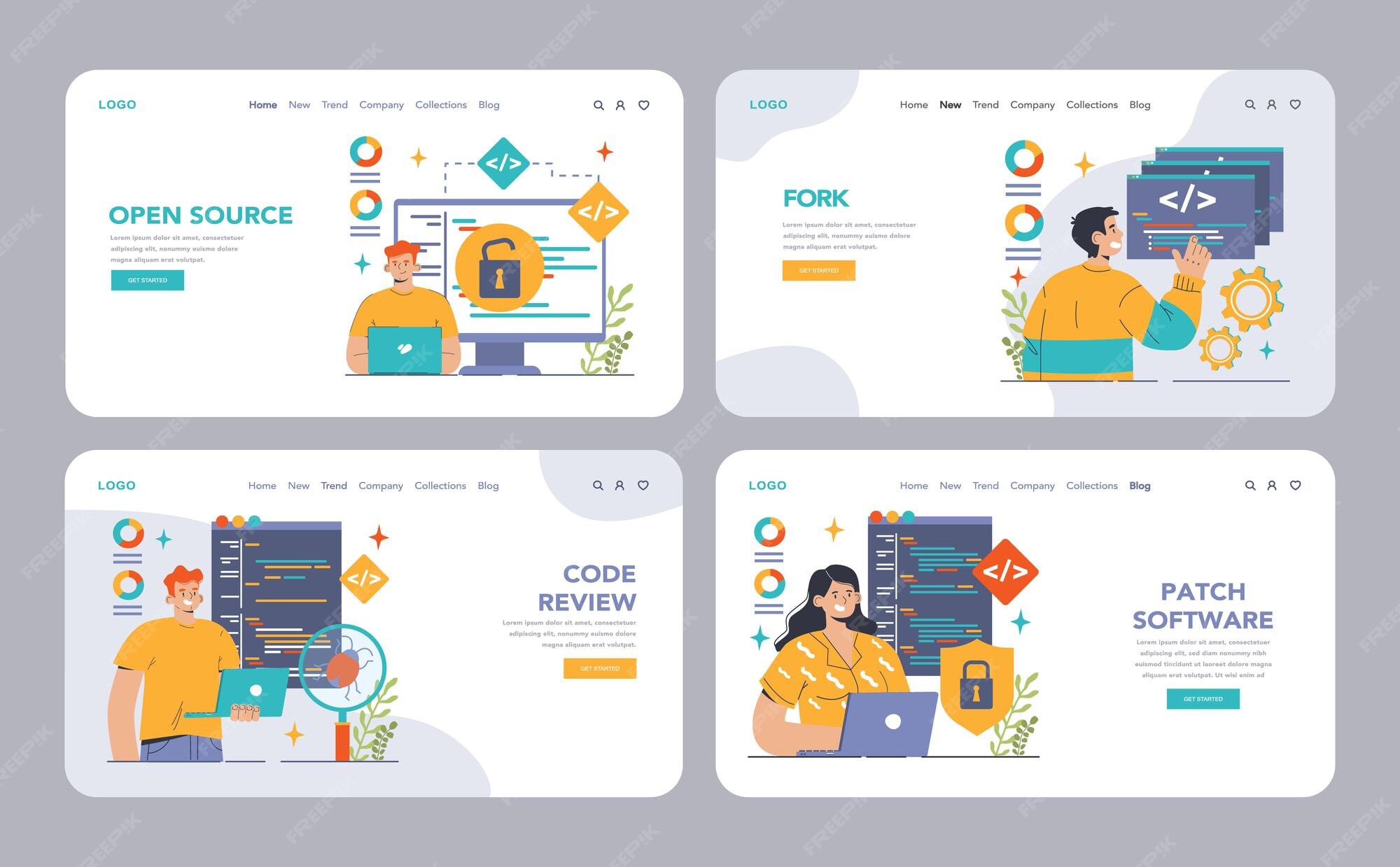 Premium Vector | Open source web banner or landing page set software with code available for use ...