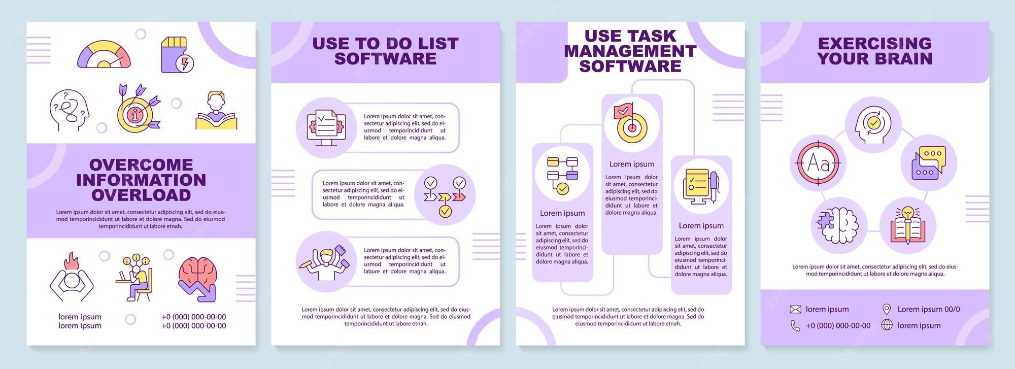 Premium Vector | Overcome information overload purple brochure template Premium Vector | Overcome information overload purple brochure template