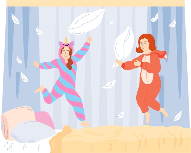 Premium Vector Pajama Party Flat Concept With Happy Girls Jumping On