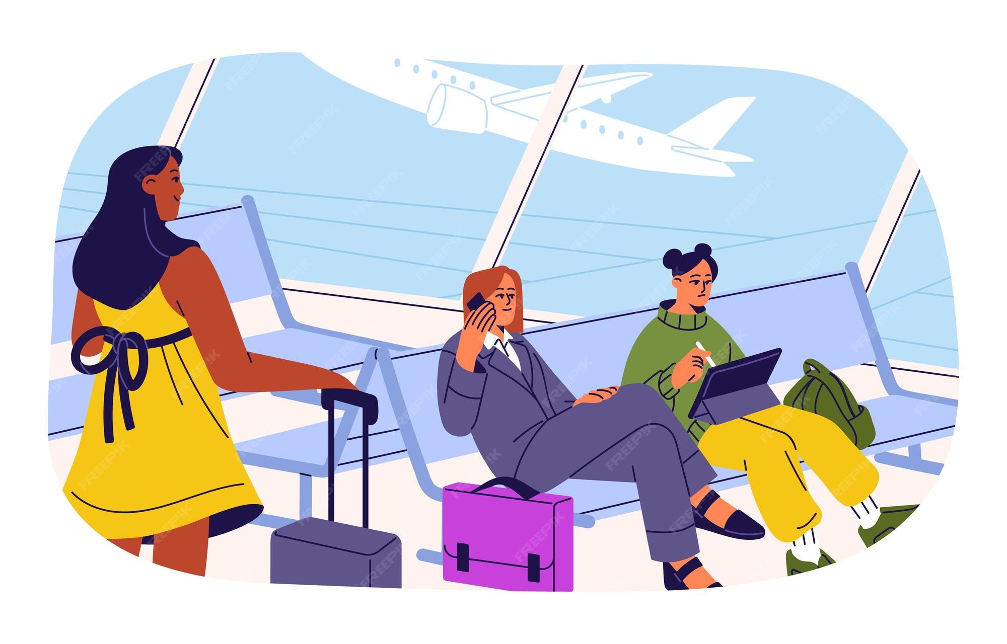 Premium Vector Passengers Sitting At Airport Waiting Area Room Tourists On Seats Chairs In