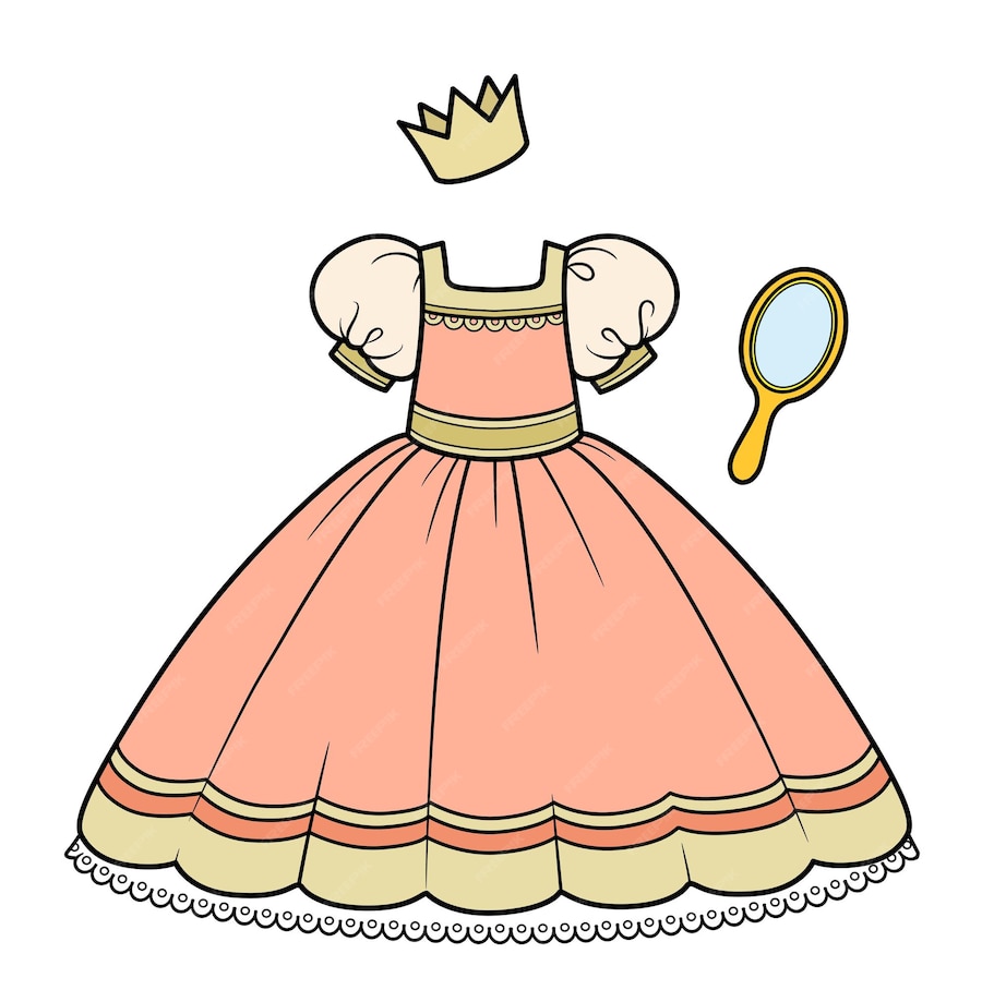 Premium Vector Peach Colour Ball Gown With Fluffy Skirt Hand Mirror And Crown Princess Outfit