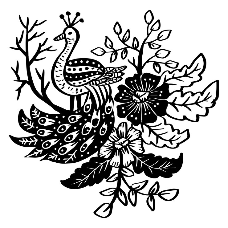 Premium Vector Peacock Bird With Flower Decoration Doodle Ornament Illustration