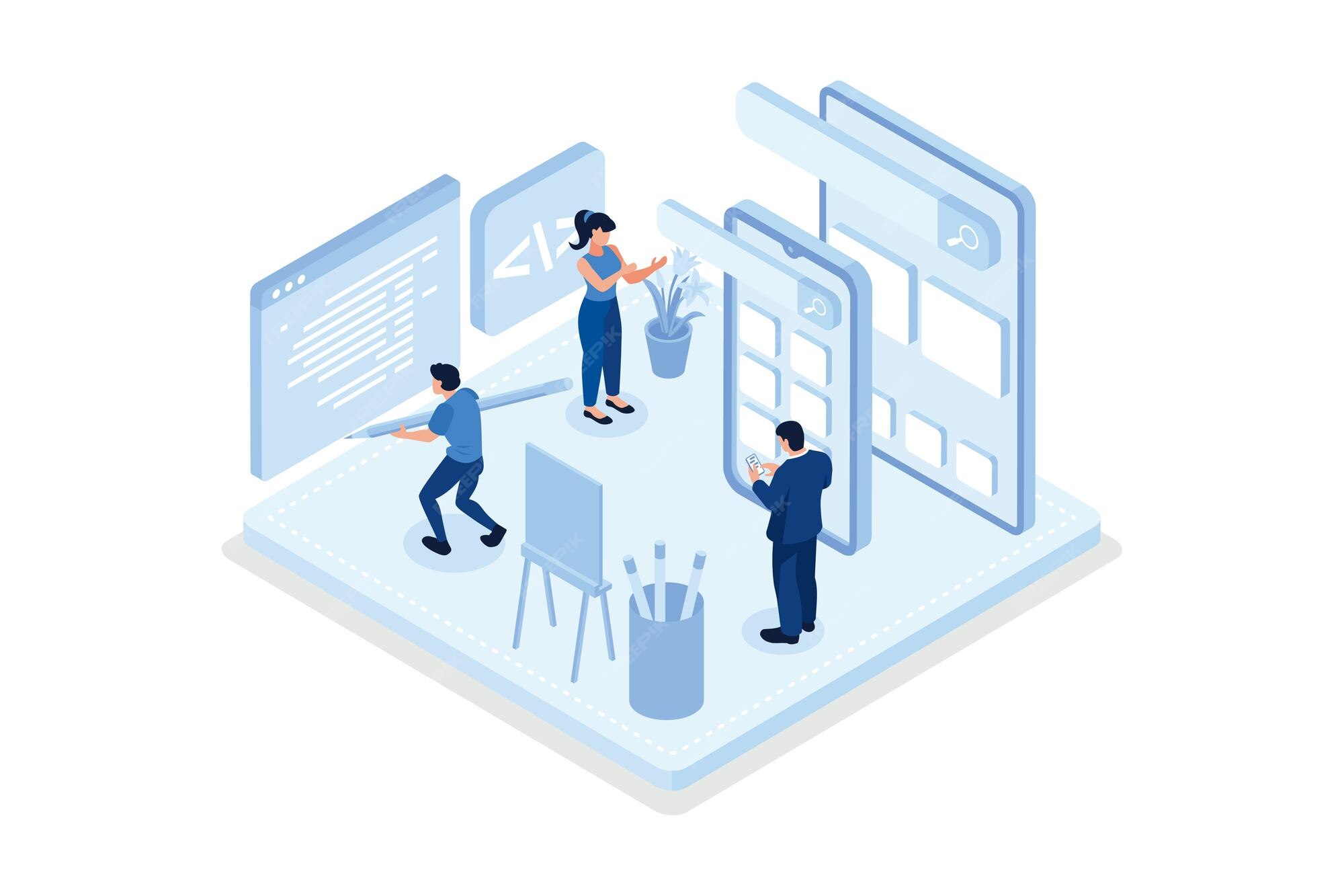 Premium Vector | People characters developing new mobile app ... Premium Vector | People characters developing new mobile app ...