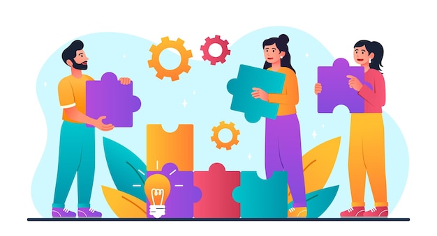 Premium Vector | People connecting puzzle elements Premium Vector | People connecting puzzle elements