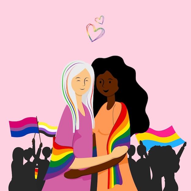 Premium Vector People Holding Rainbow Flags During Pride Month And