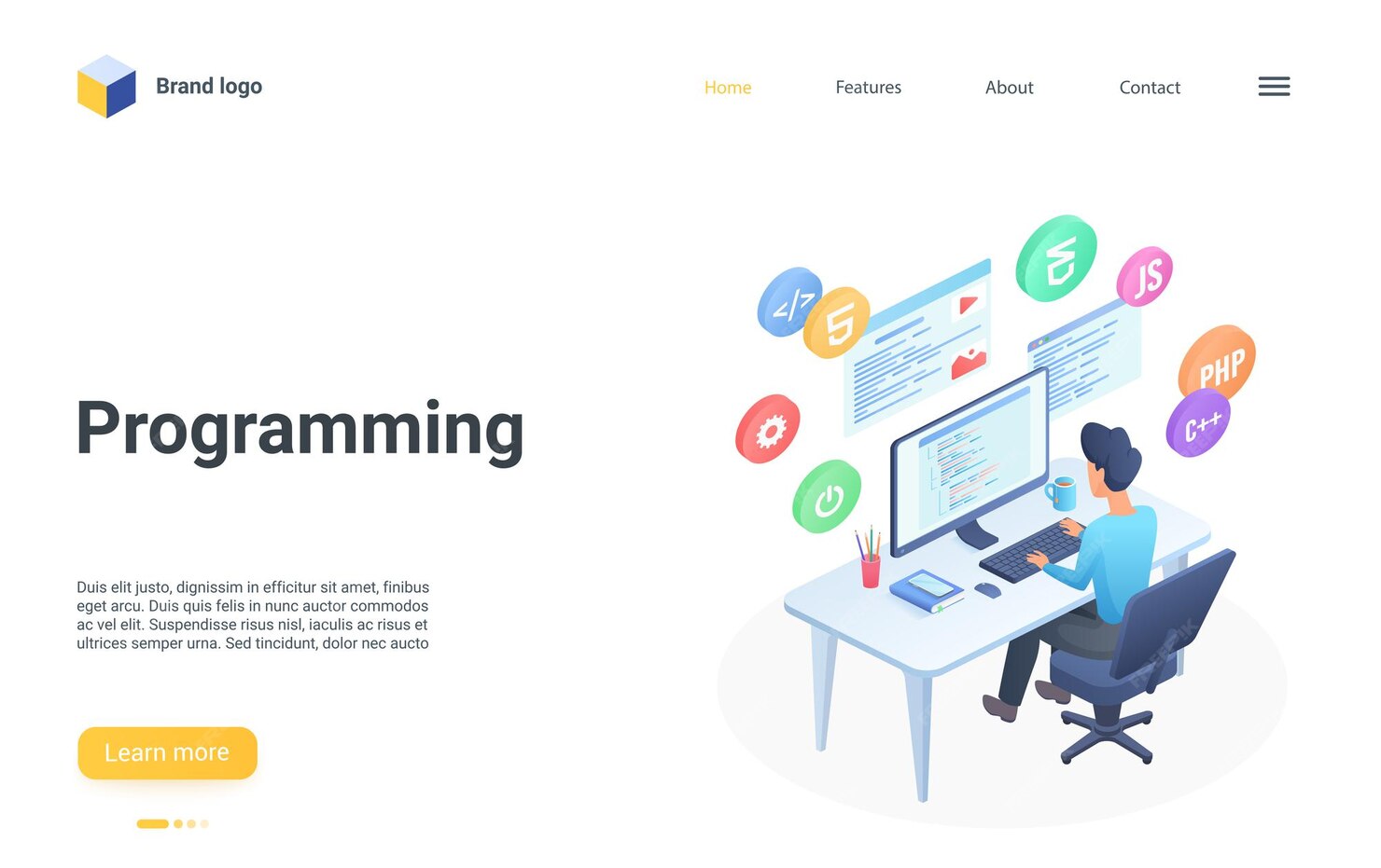 Premium Vector | People programming isometric landing page coder working with code script program