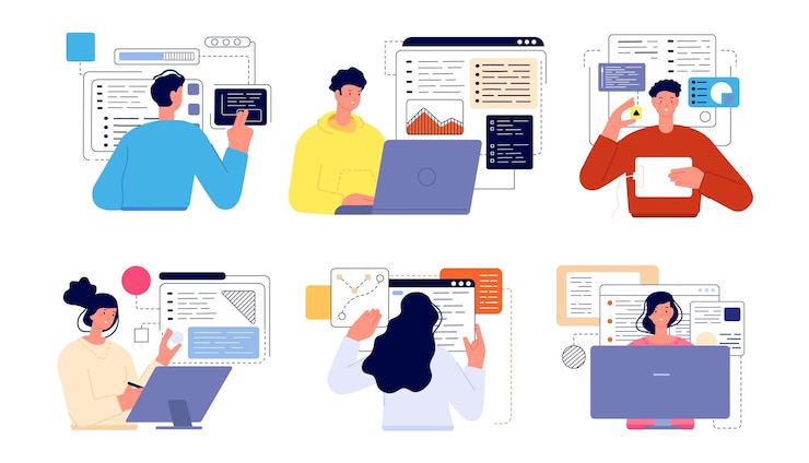 Premium Vector | People programming professional geek working screens ...