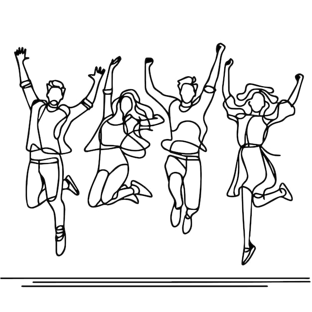 Premium Vector | People teamwork jumping happy drawing continuous line Premium Vector | People teamwork jumping happy drawing continuous line