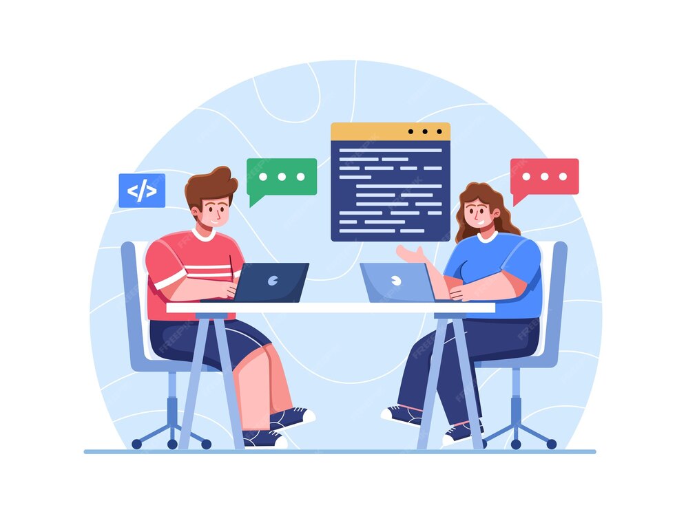 Premium Vector | People working and discussing with programming code. programmer and coding ...