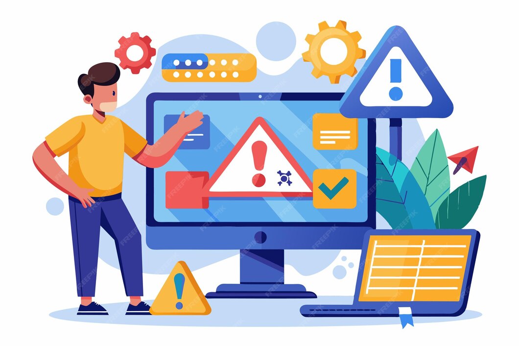 A person is addressing errors and warnings on a computer interface ...