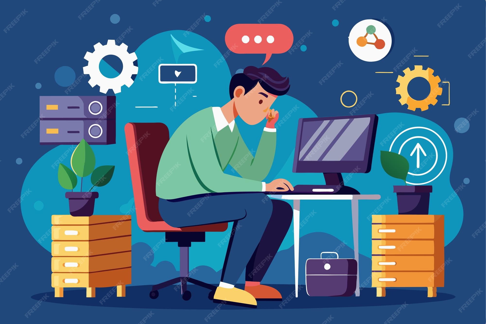 A person is focused on resolving network issues at a computer desk while surrounded by tools ...