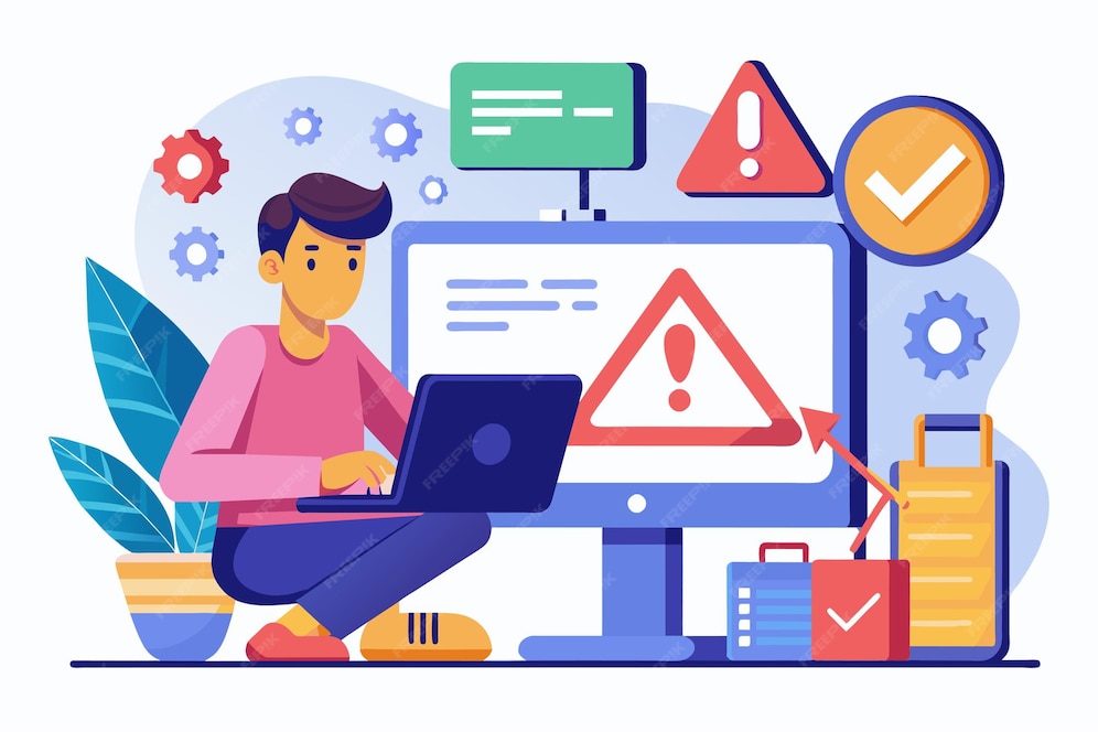 A person is troubleshooting errors on a computer surrounded by alerts ...