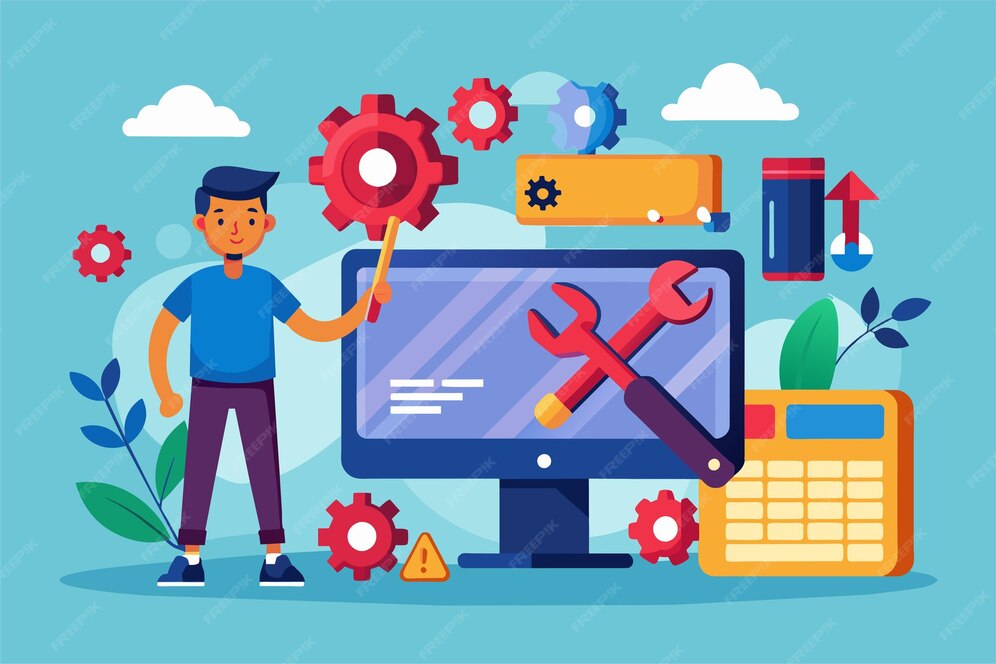 A person is using tools to fix computer errors in a colorful workspace ...