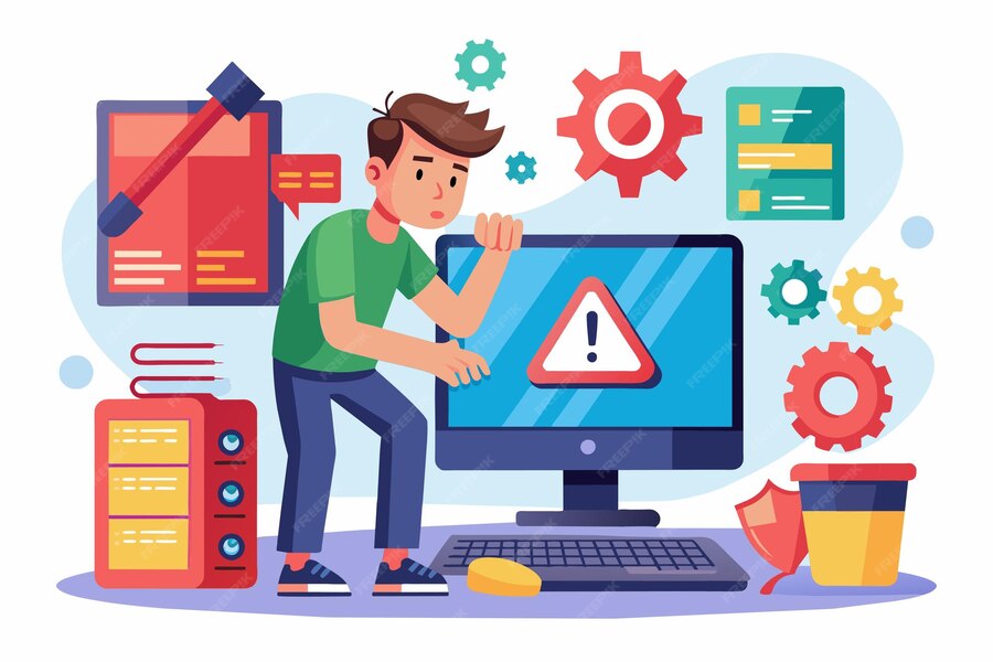 A person resolves computer errors by examining a desktop with warning symbols and tech elements ...
