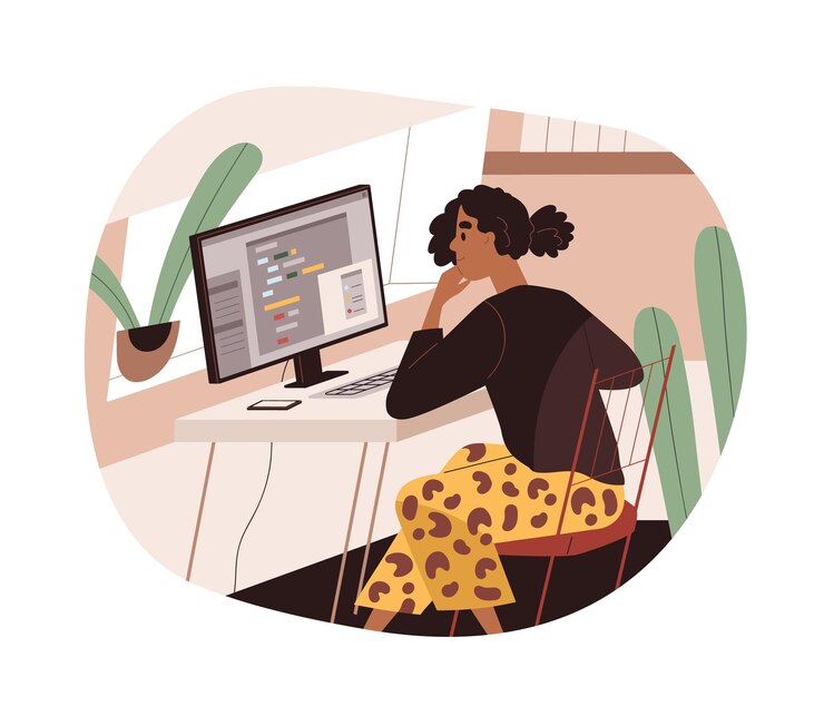 Premium Vector | Person work at computer. Coder developing software at desktop. Information ...