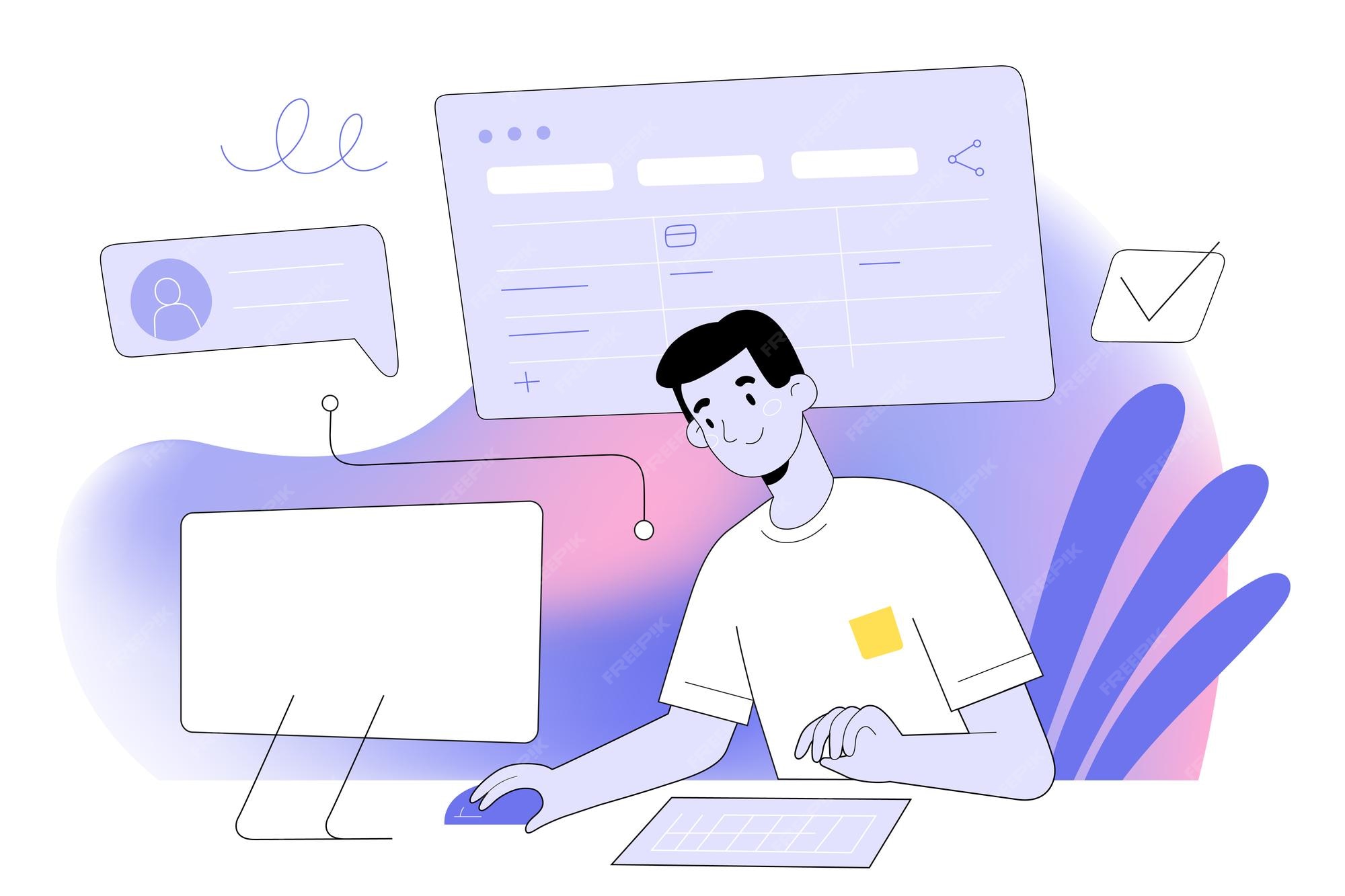 Premium Vector | Person works on a desktop computer using a task ...