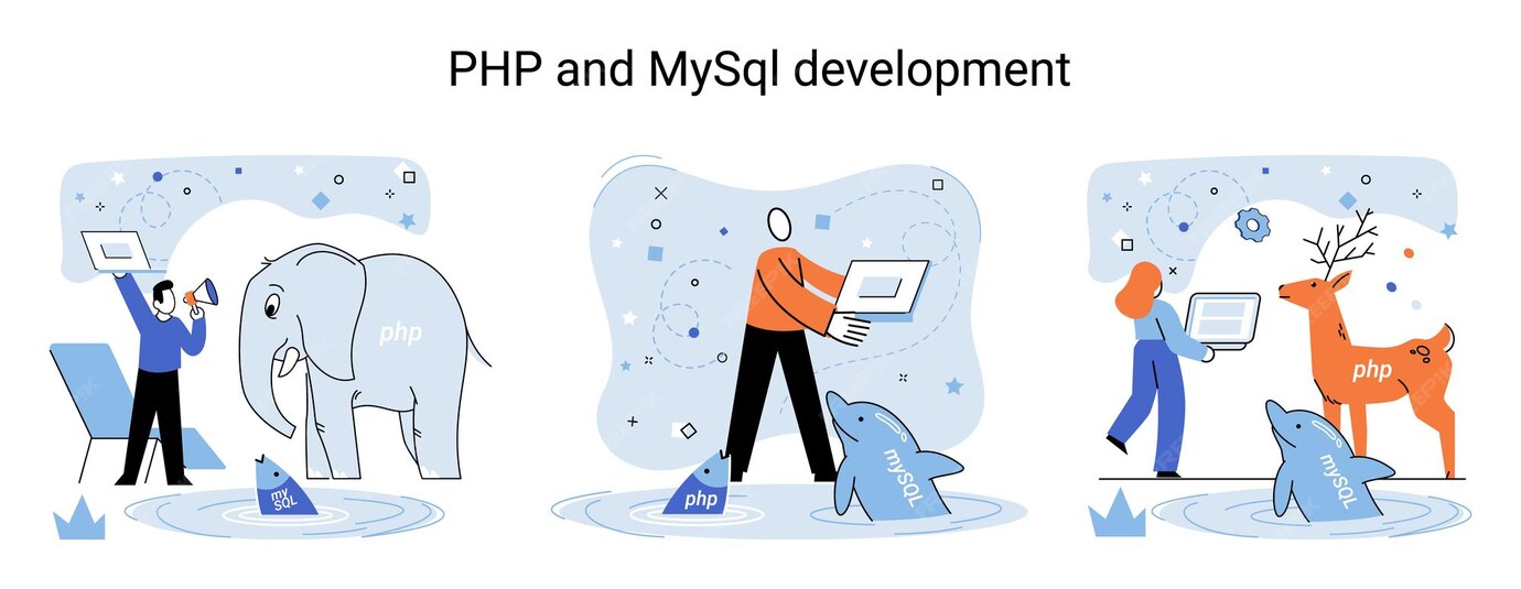 Premium Vector | Php and mysql development metaphor software website developer with computer ...