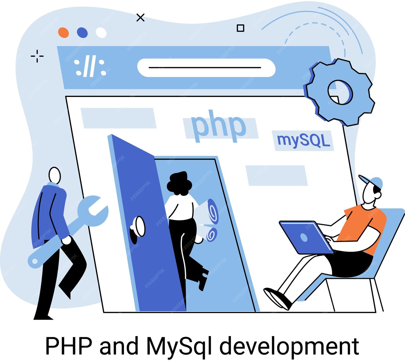 Premium Vector | Php and mysql development metaphor software website developer with computer ...