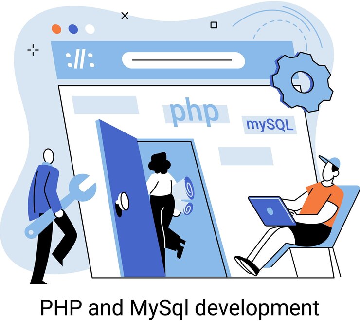 Premium Vector | Php and mysql development metaphor software website developer with computer ...