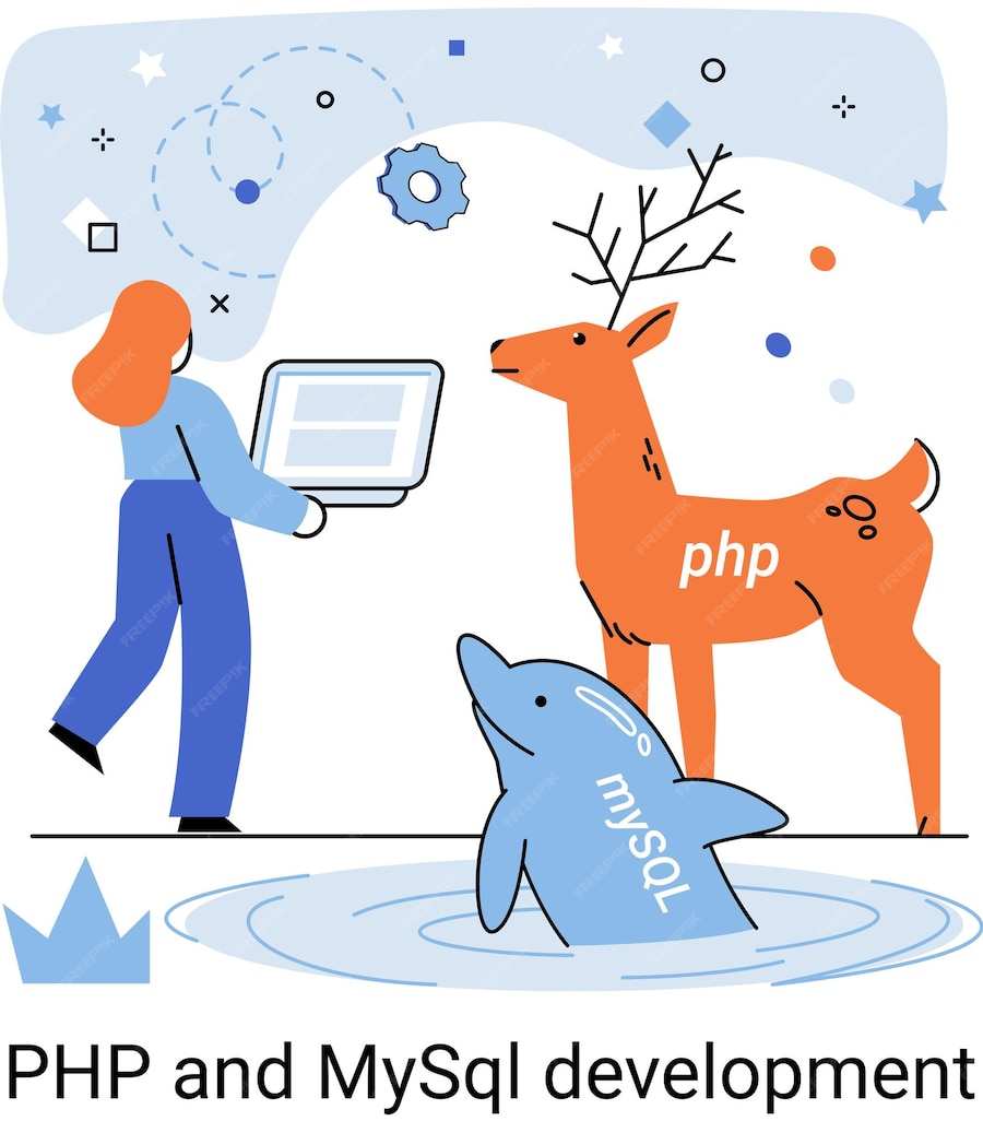 Premium Vector | Php and mysql development metaphor software website developer with computer ...