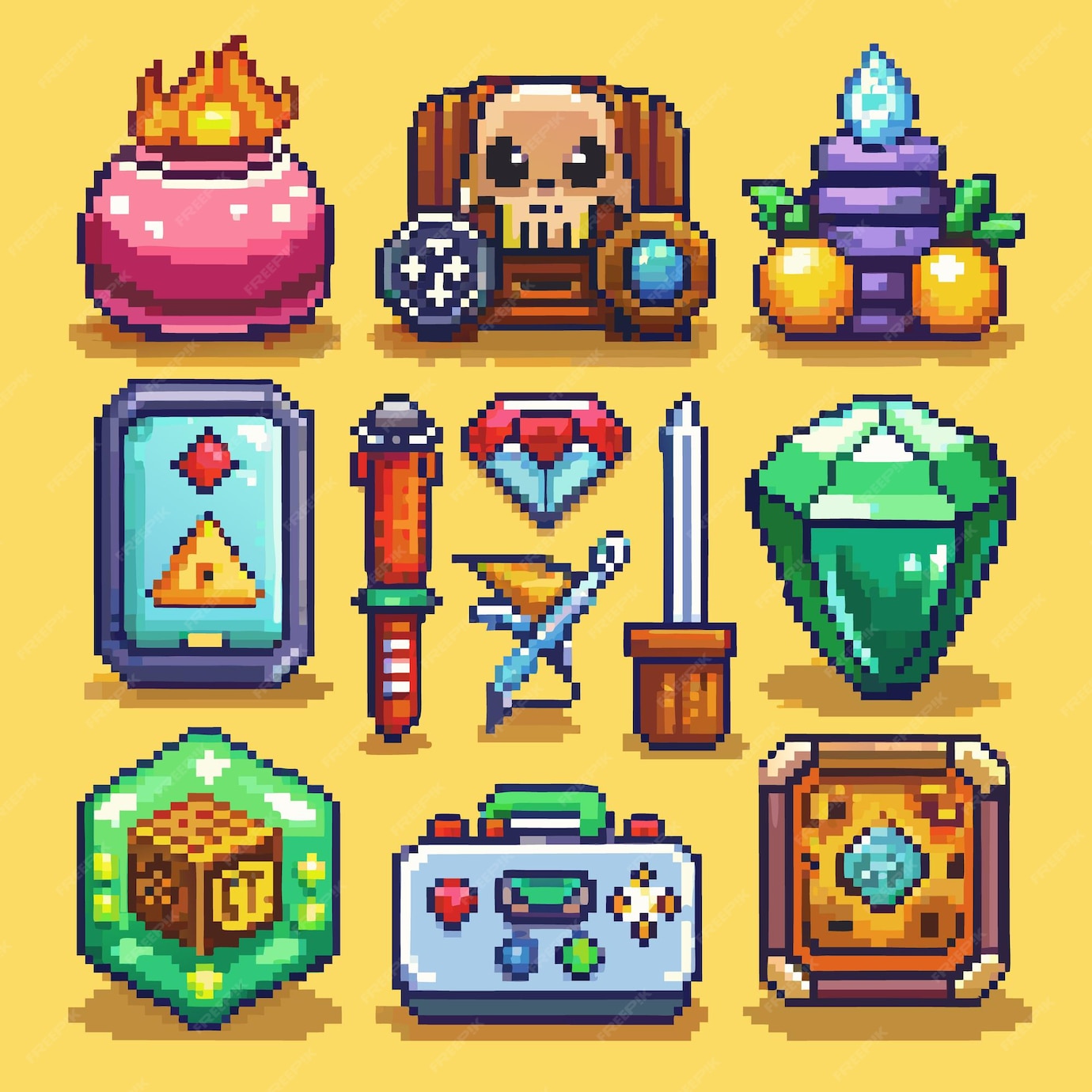 Pixel Art Game Assets Including A Chest Gems Sword And A Controller Premium Ai Generated Vector