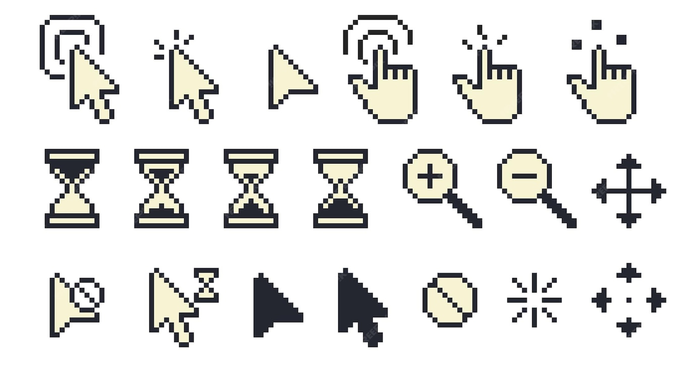 Premium Vector Pixel Cursors Retro Vintage Pointer Cursor Arrow Hand Finger Icons 8 Bit