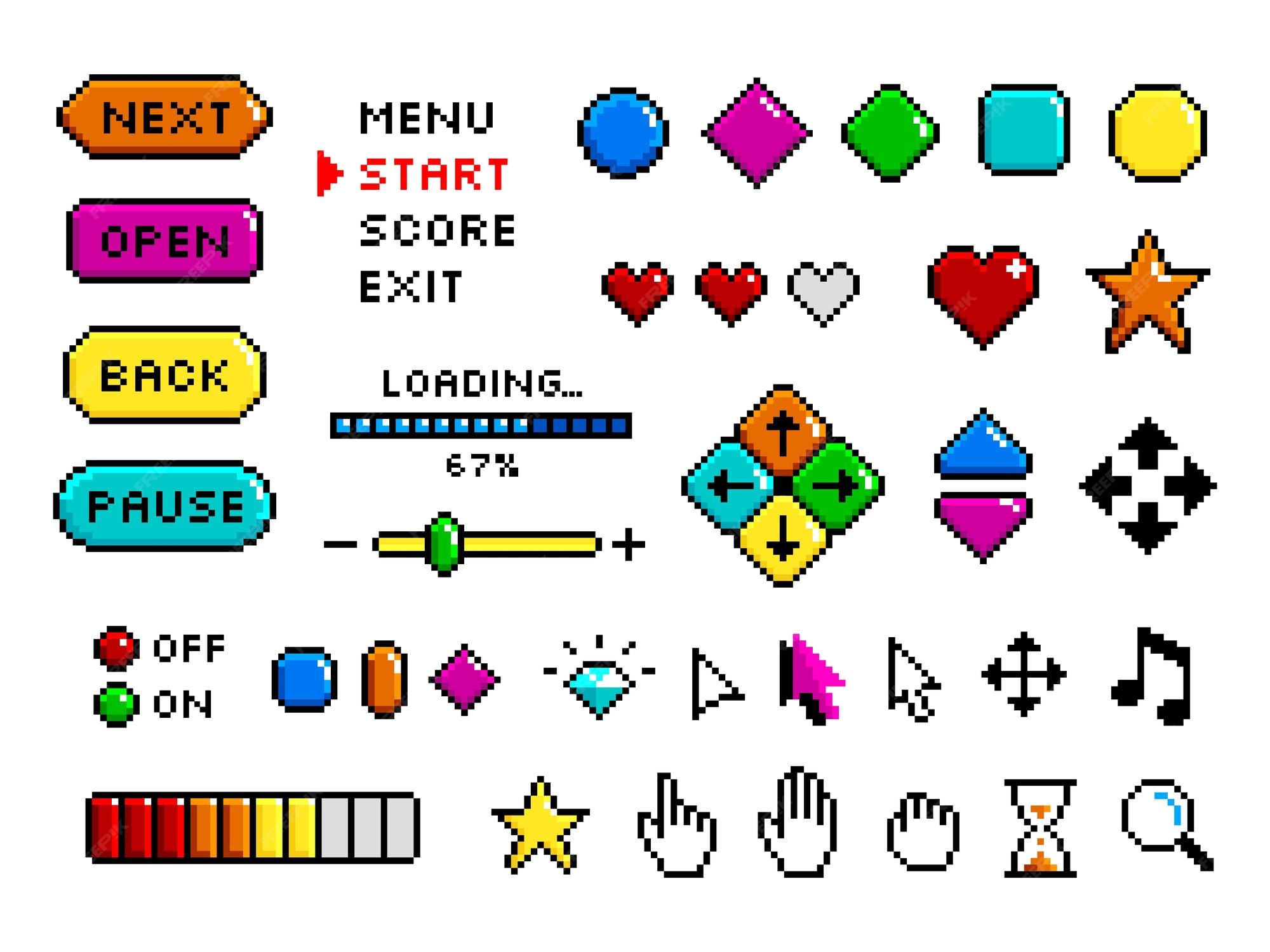 게임 Ui 인터페이스 그래픽용 픽셀 게임 버튼 8비트 아트 컬렉션 재생 기호용 게임 요소 비디오 앱 레벨 시작 메뉴 깔끔한 색상 벡터 세트 프리미엄 벡터