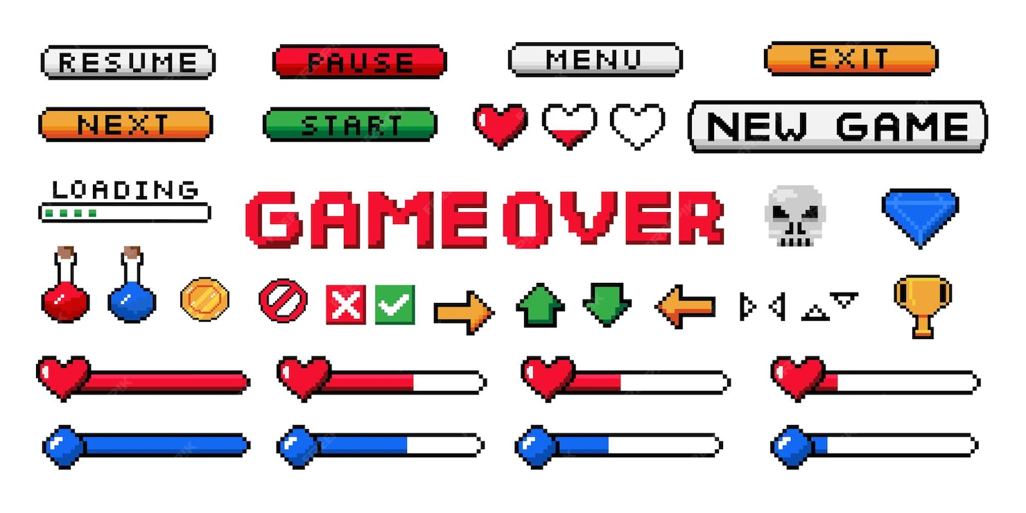 Premium Vector | Pixel game ui 8bit interface buttons and arrows health and mana progress bar ...