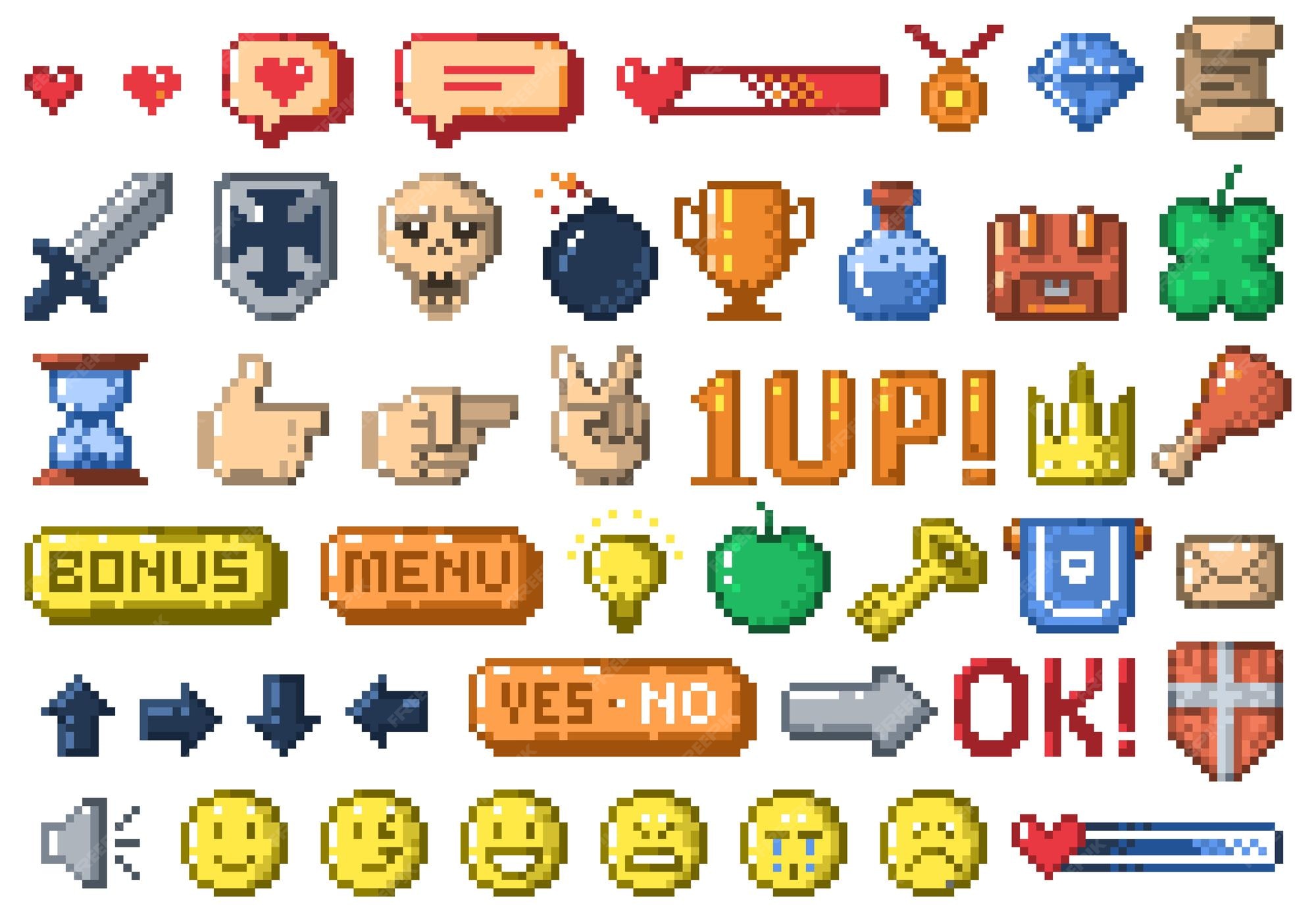Premium Vector | Pixel game ui icons Retro video game interface buttons and elements 8 bit app ...