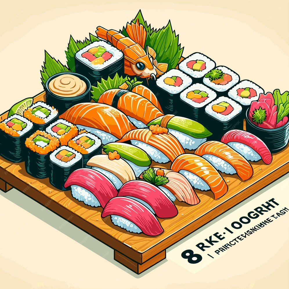 A Plate Of Sushi With A Variety Of Different Types Of Sushi Premium Ai Generated Vector