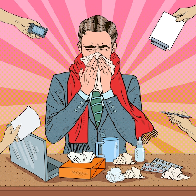 Premium Vector | Pop art businessman sneezing at multi tasking office work Premium Vector | Pop art businessman sneezing at multi tasking office work