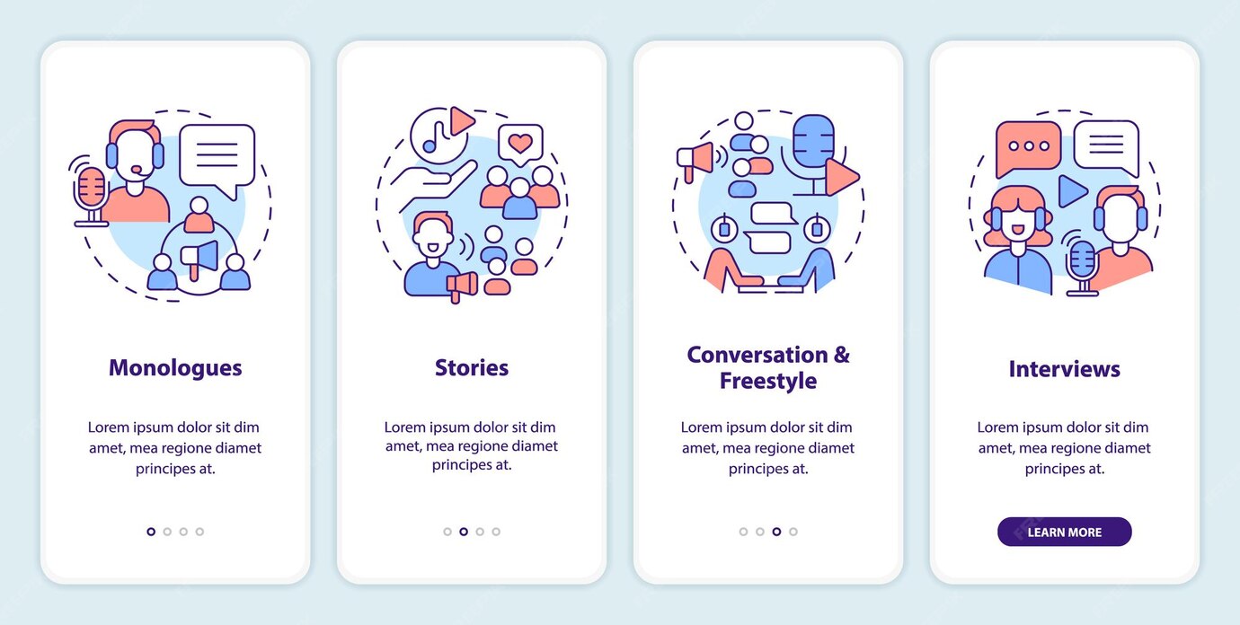Premium Vector | Popular podcast types onboarding mobile app screen Premium Vector | Popular podcast types onboarding mobile app screen