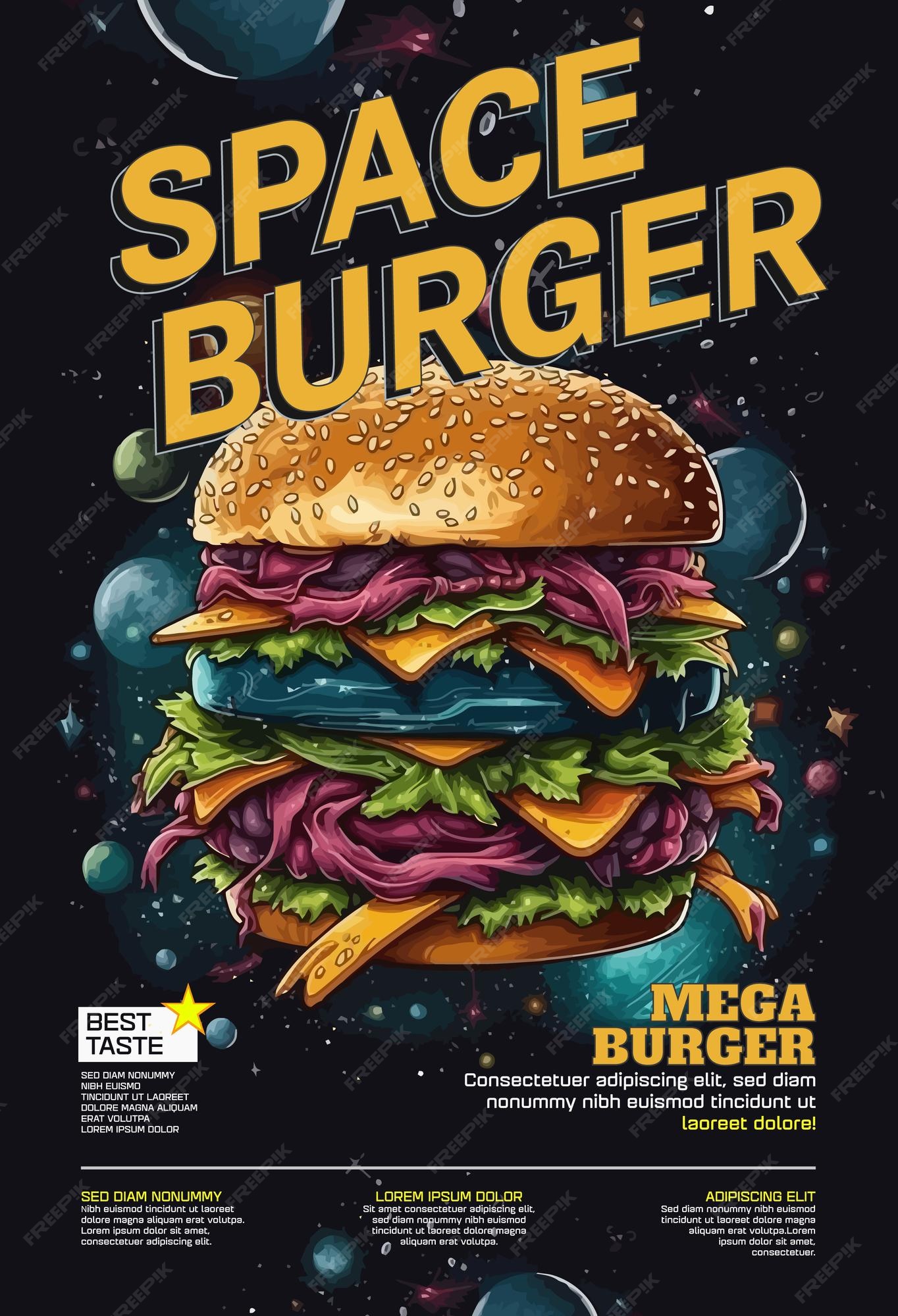 Premium Vector | A poster for a space burger with a burger on it. Premium Vector | A poster for a space burger with a burger on it.