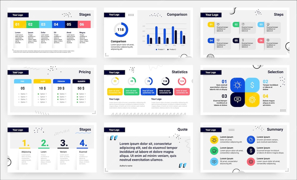 프레젠테이션 슬라이드 인포그래픽 페이지 분석 또는 통계 다이어그램 순서도 시퀀스 템플릿 집합 정보 비교 그래프 복사 공간이 있는 벡터 보고서 시각화 프리미엄 벡터