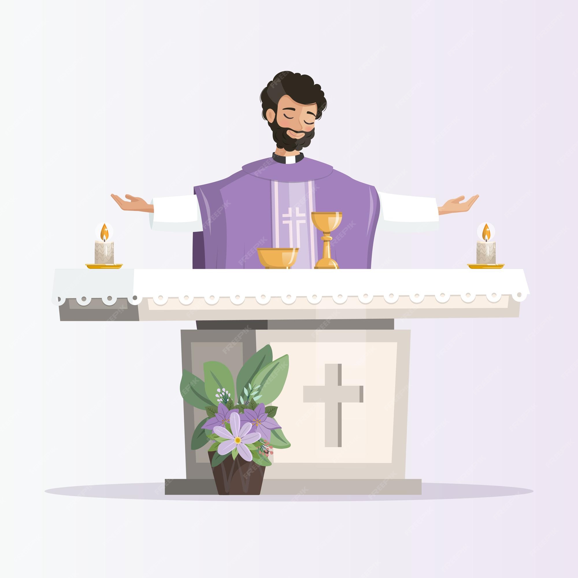Premium Vector Priest Behind The Altar With Purple Chasuble Celebrating The Eucharist